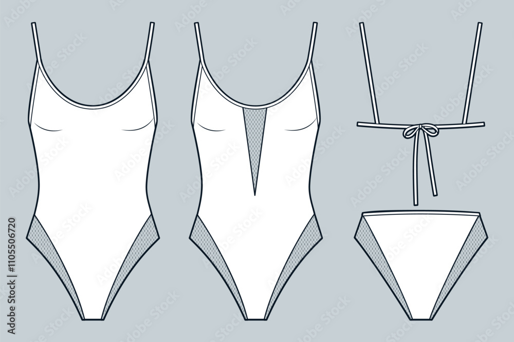 Swimsuit with Mesh trim technical fashion illustration. One Piece ...