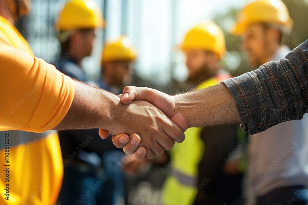 Construction workers shake hands outdoors on sunny day. Teamwork ...