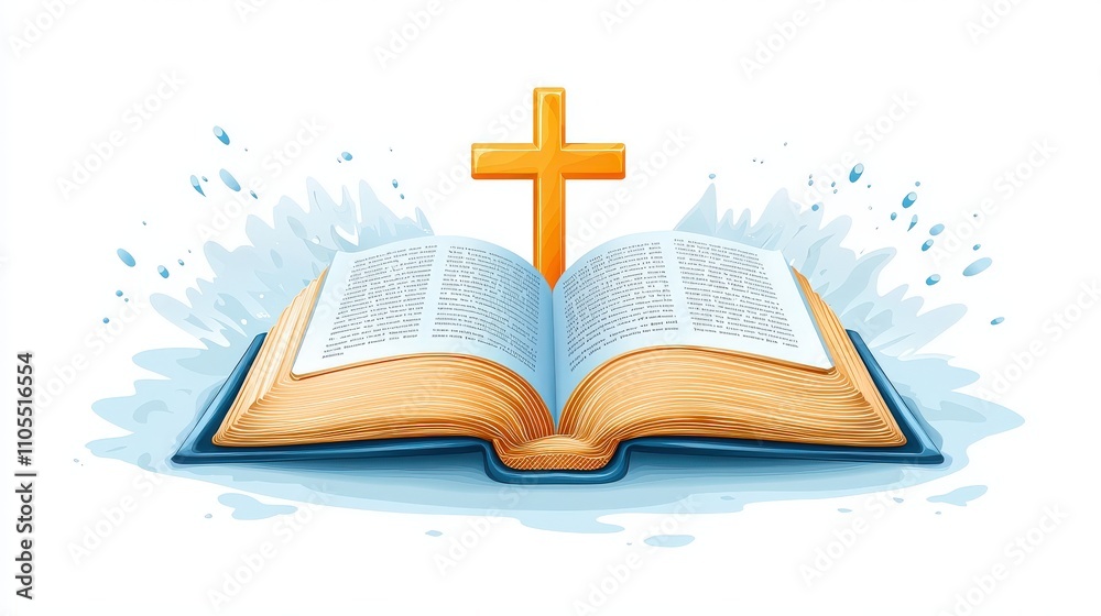 Flat-style cartoon Bible with a golden cross on the cover, isolated on ...
