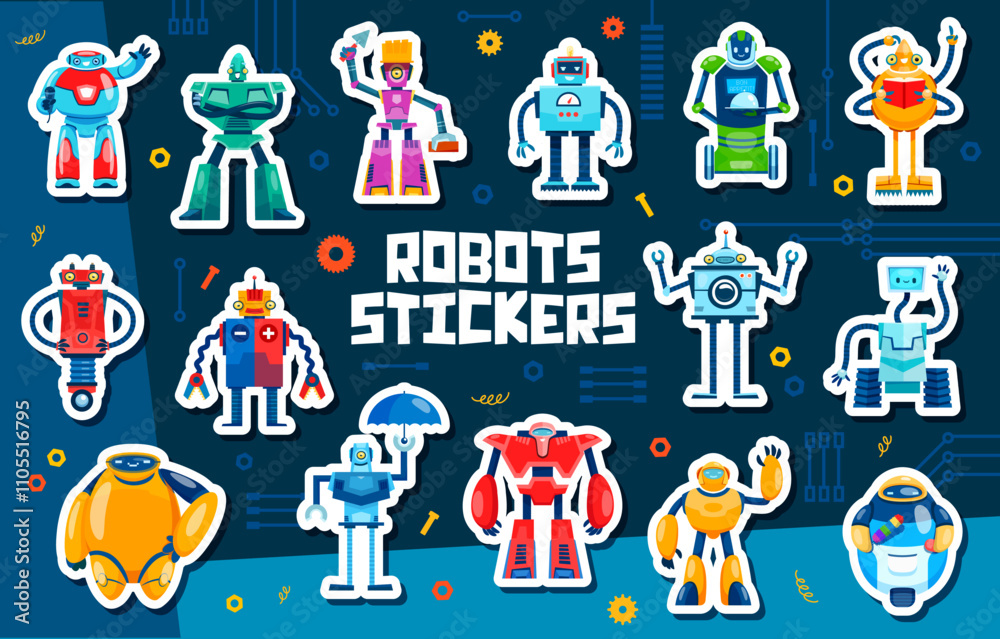 Robot characters stickers of cartoon funny cyborgs and robotic android ...