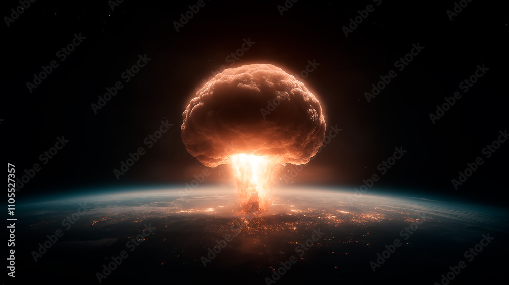 Dramatic nuclear explosion scene with a towering mushroom cloud rising ...