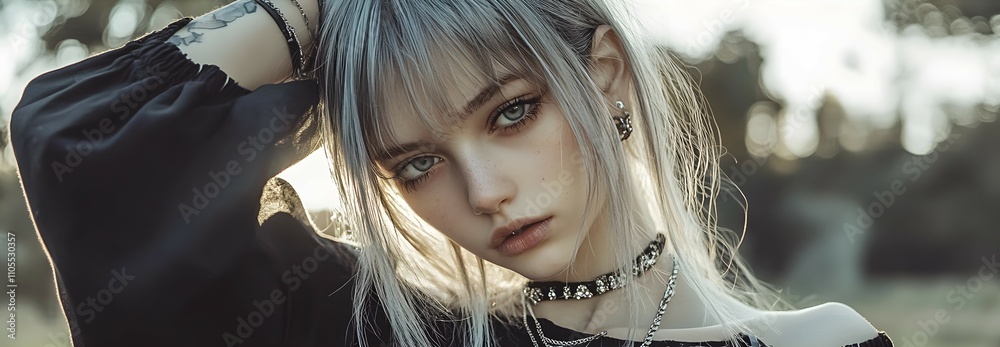 A photograph of an emo girl with silver hair, wearing a black and white ...