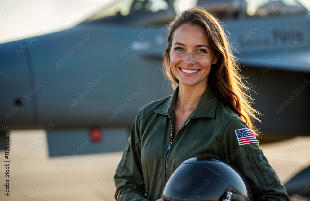 Confident female pilot stands outdoors in front of military jet. Wears ...
