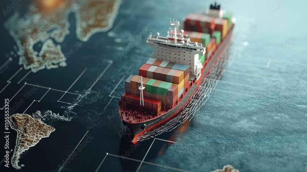 Earth grid overlay with container ships flat design front view transport theme 3D render ...