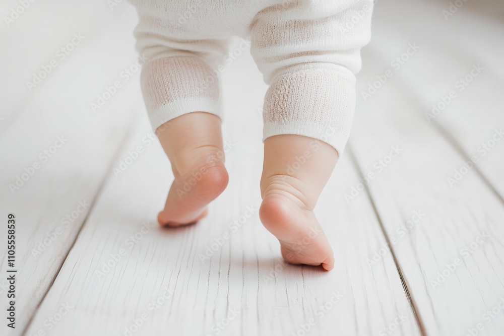 Close up Baby feet walking barefoot on clean white wooden floor at home ...