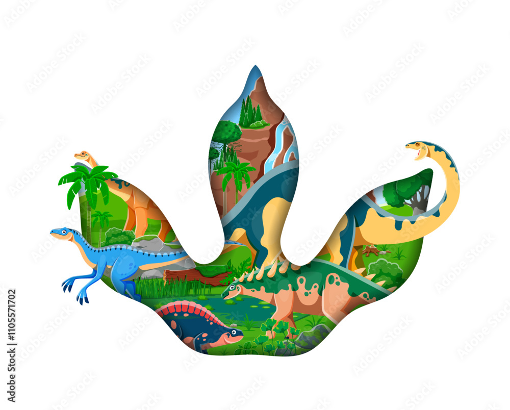 Dinosaur footprint paper cut banner with cartoon prehistoric dino ...