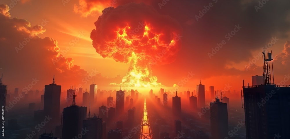 Massive explosion devastates city skyline at dusk. Huge fireball ...