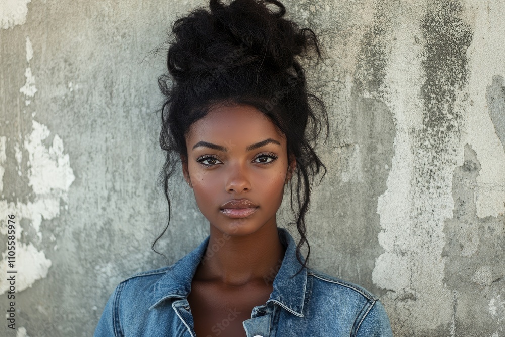 Fashion model posing with messy bun hairstyle and denim jacket Stock ...