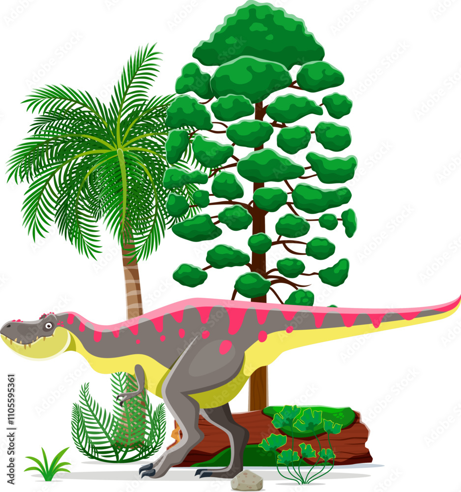 Image vectorielle Stock Tarbosaurus prehistoric dinosaur character in a lush forest landscape ...