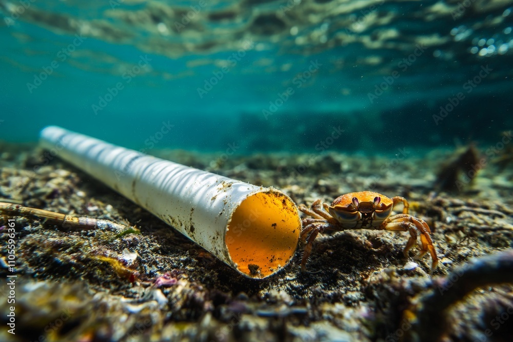 A crab explores the ocean floor alongside a discarded white plastic ...