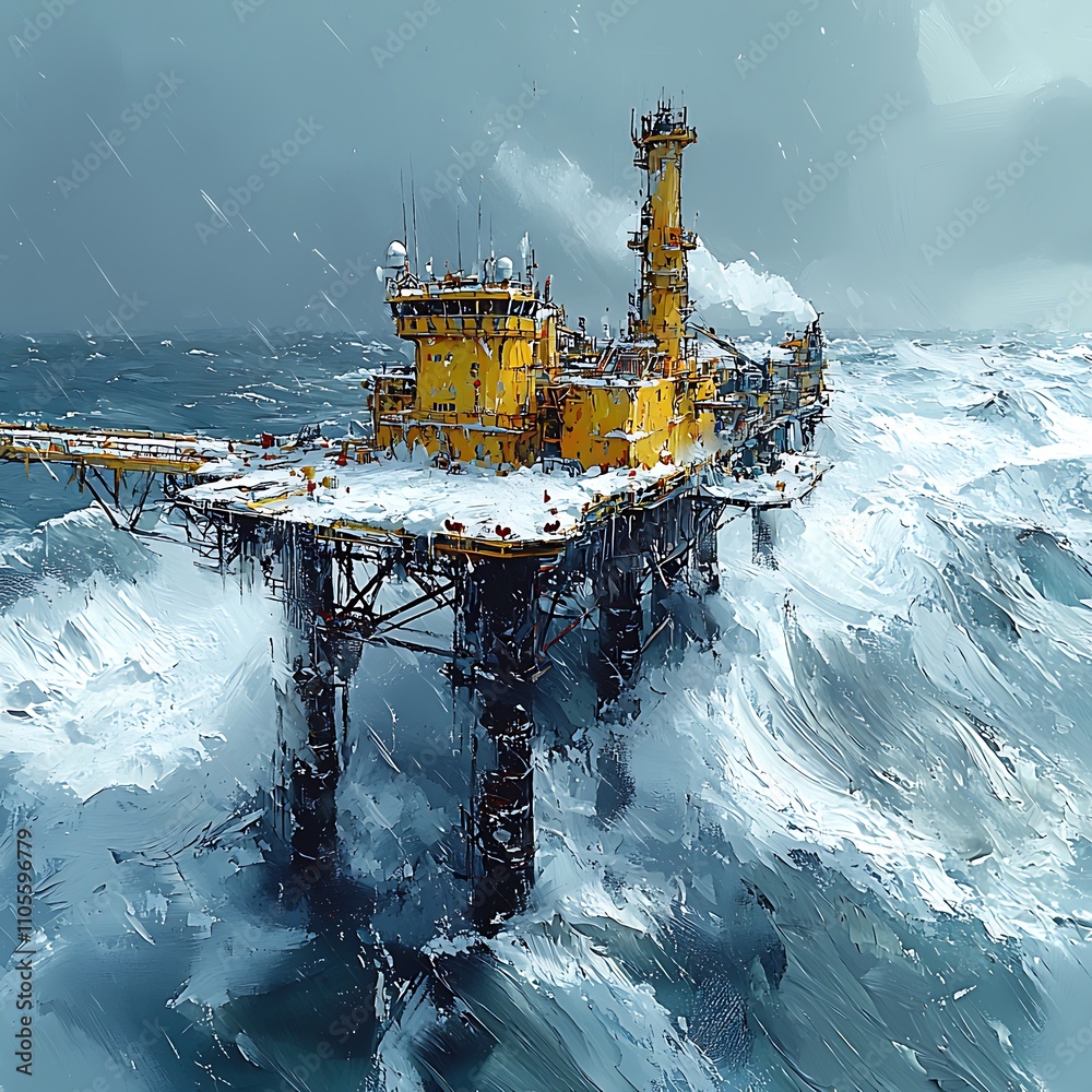 Offshore Oil Rig in a Winter Storm A Dramatic Digital Painting of an ...