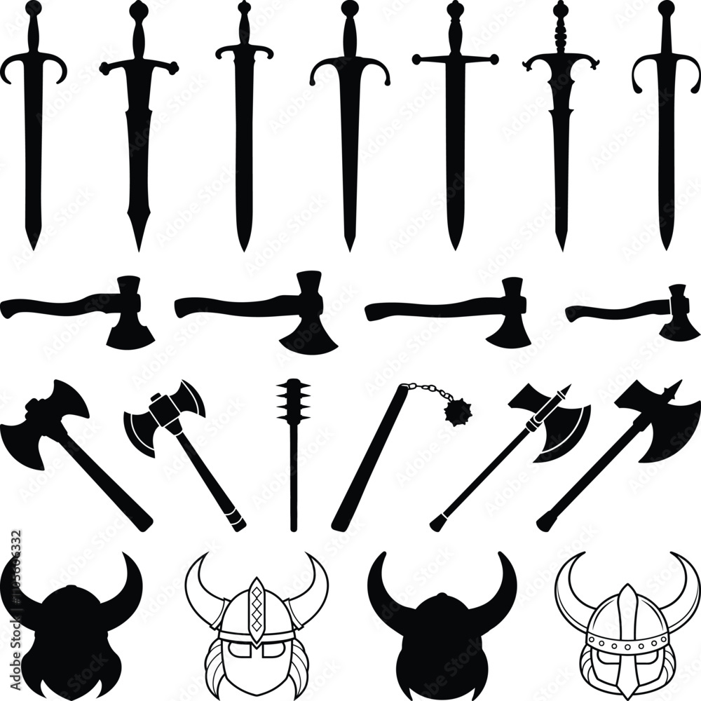 Viking weapons Vector Silhouette, Metal Sword Old Medieval shield, Viking helmet with horn ...