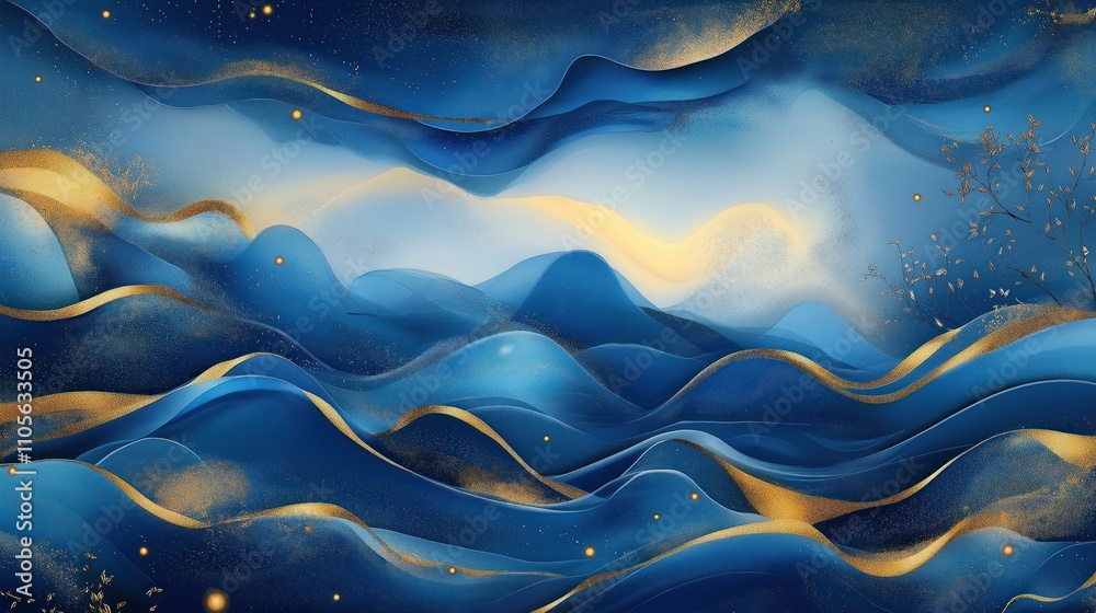 Abstract blue, gold nature scene. Majestic landscape design. Soft ...