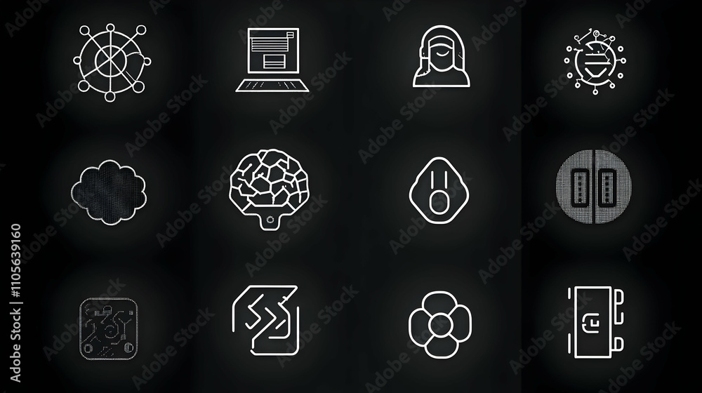 Set of 12 White Outline Icons on Black Background, Representing Various ...
