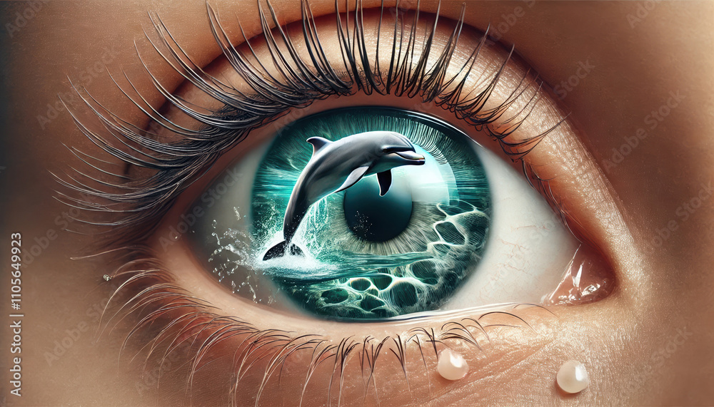 surreal illustration of green eyes, ocean and dolphin, spiritual ...