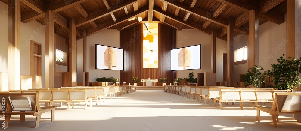 Sunlit modern church interior with wooden architecture, pews, and ...