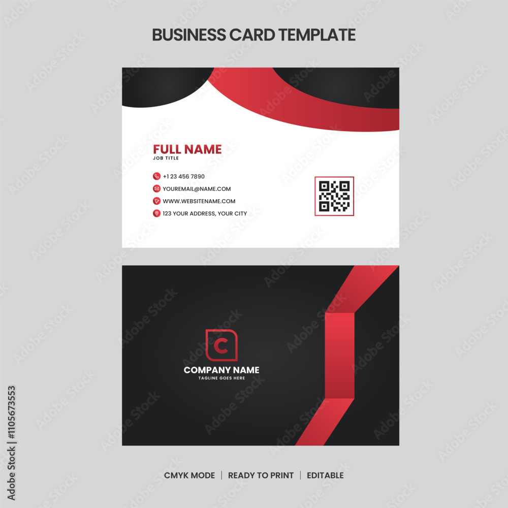 Clean business card template featuring red and black color scheme, QR ...