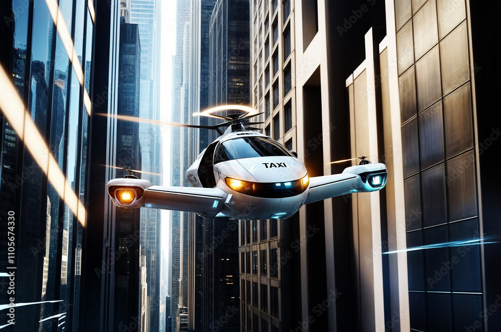 Futuristic, flying taxi hovering between modern skyscrapers in an urban ...