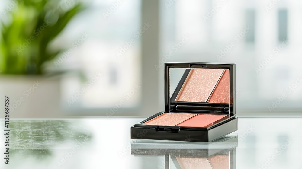 makeup highlighter subtle concept, A sleek black compact with two blush ...