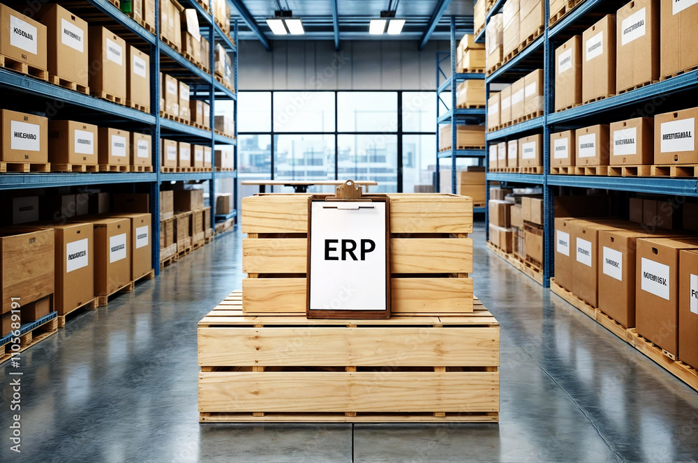 Warehouse with shelves filled with boxes, and a clipboard of word text "ERP" acronym ...