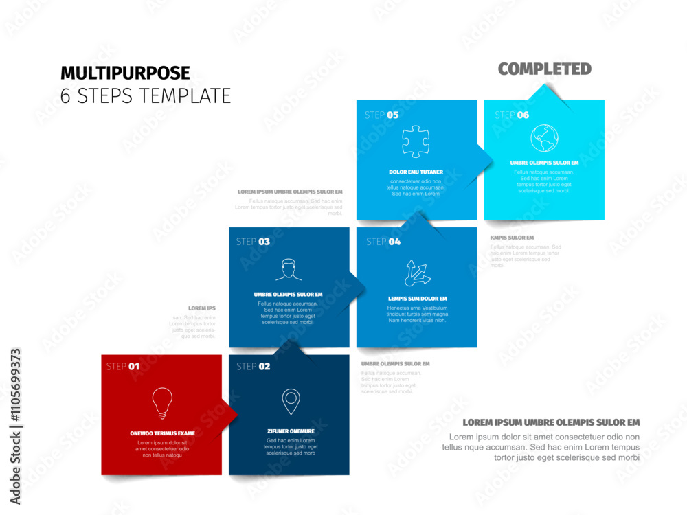 Multipurpose infographic with six blue square color block steps on ...