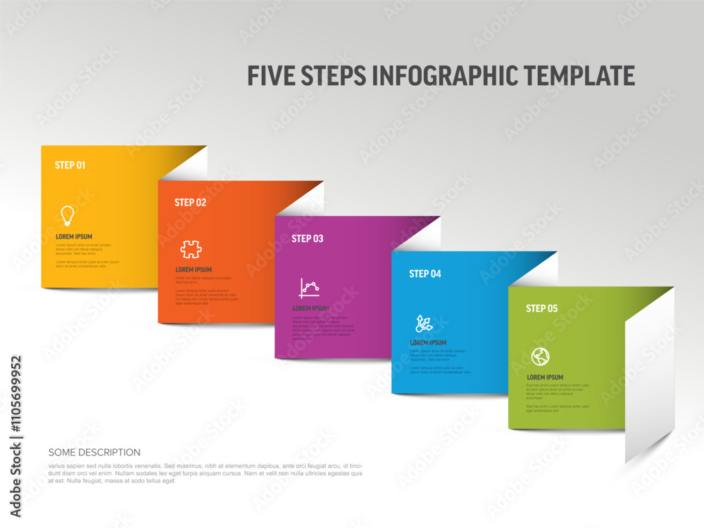Five steps process description on folded rainbow color paper ...