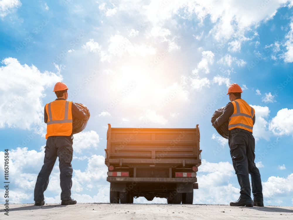 Foto de Stock Workers lifting heavy trash bags into truck under bright ...