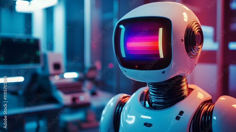 14. A robot with bright rainbow lights displaying a hologram in a high ...