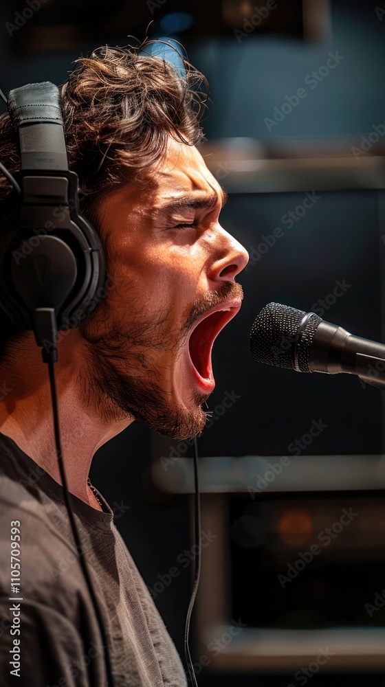 Passionate Male Singer Performing on Stage with Microphone and ...