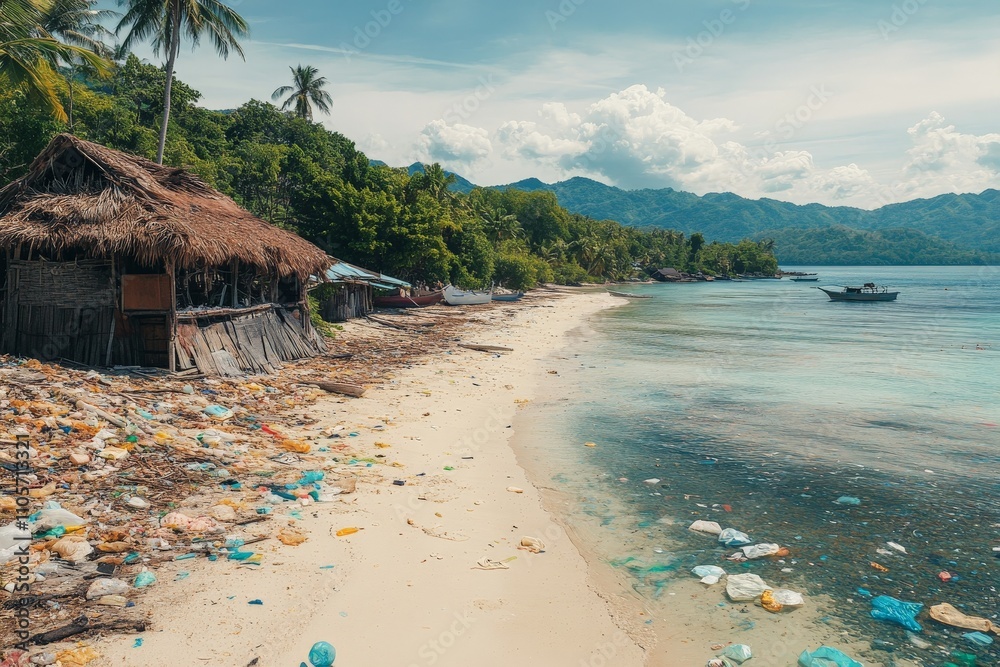 A tropical beach scene marred by plastic pollution along the shore ...