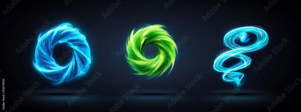 Abstract green spirals intertwined with blue lightning strikes, set ...
