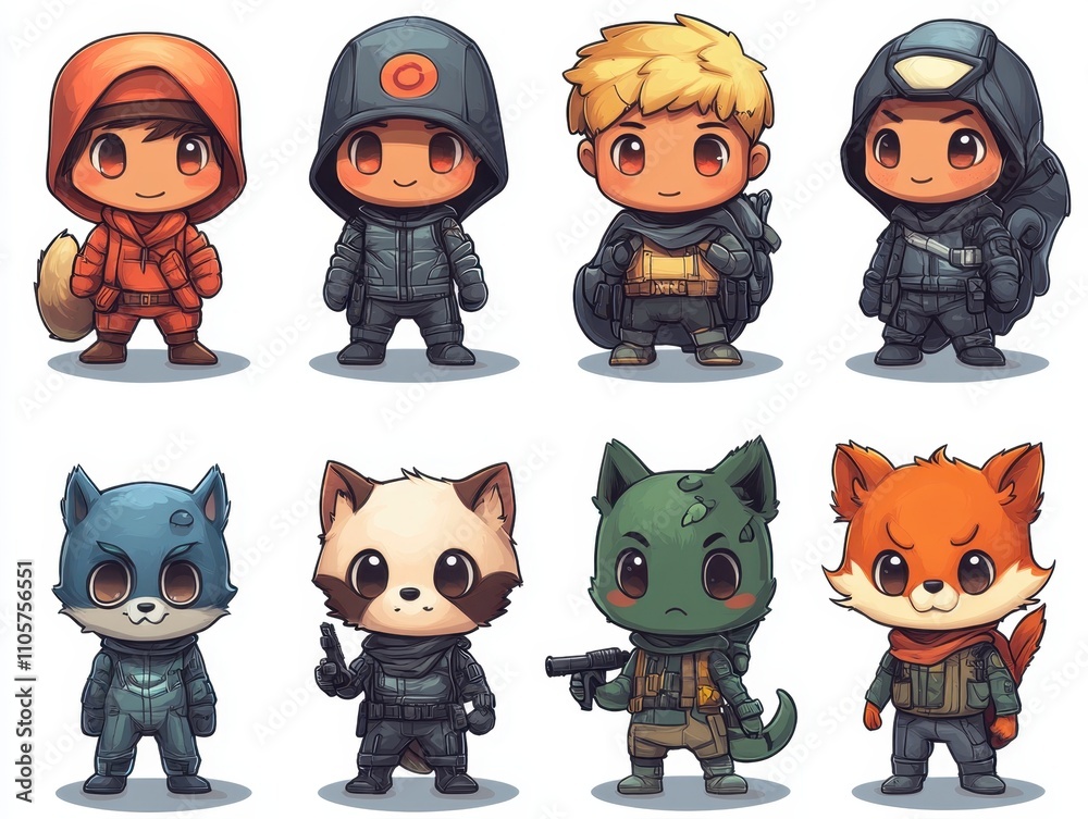A set of various random chibi-style cartoon characters in full detail ...