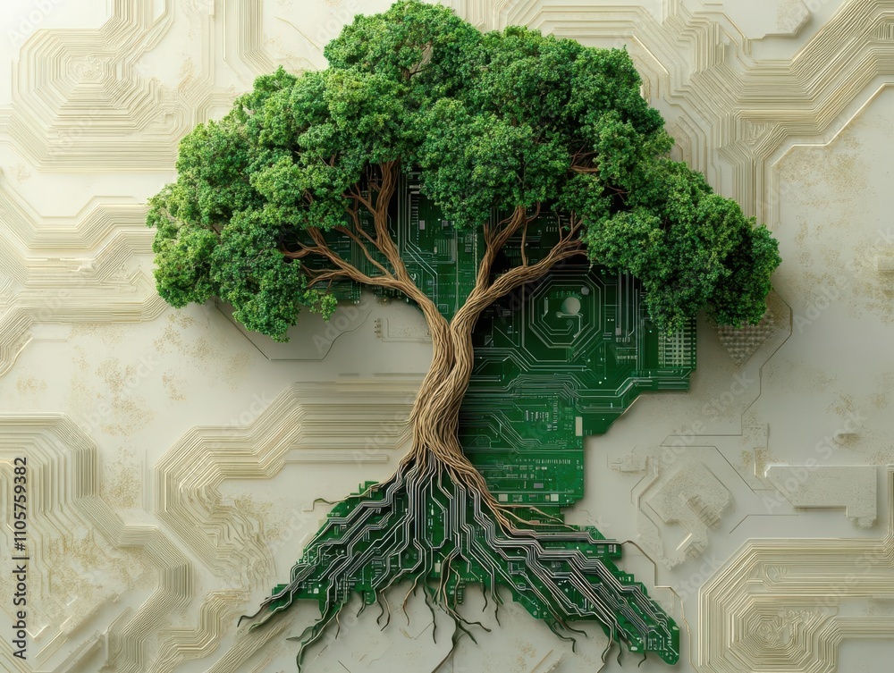 Tree from above, roots weaving into circuit board motifs, minimalist ...
