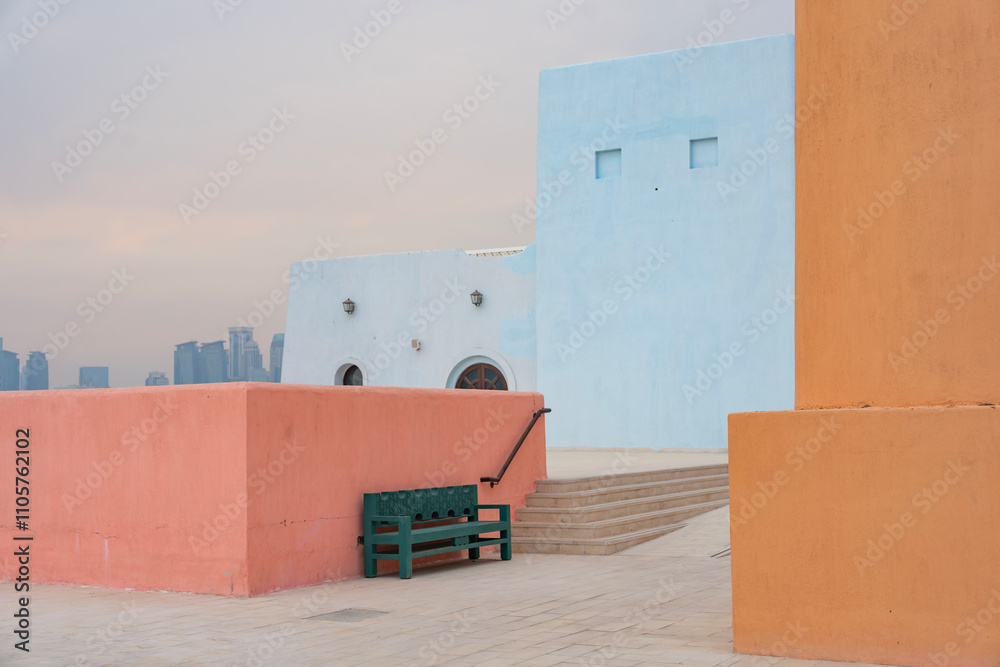 Colorful Streets and Mosque Photo, Mina District Corniche, Doha Marina ...