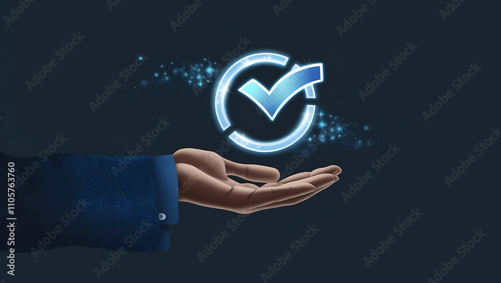 Digital Approval Concept: Hand with Glowing Checkmark and Sparkling ...