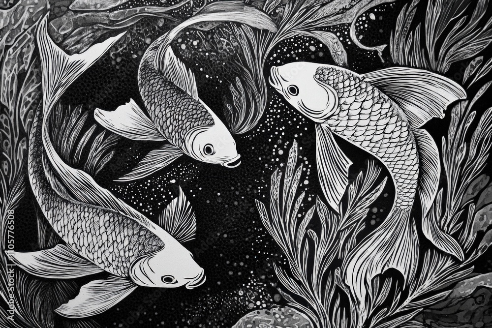 Linocut Fish Stamp Artwork on Paper with Etching Technique Stock ...