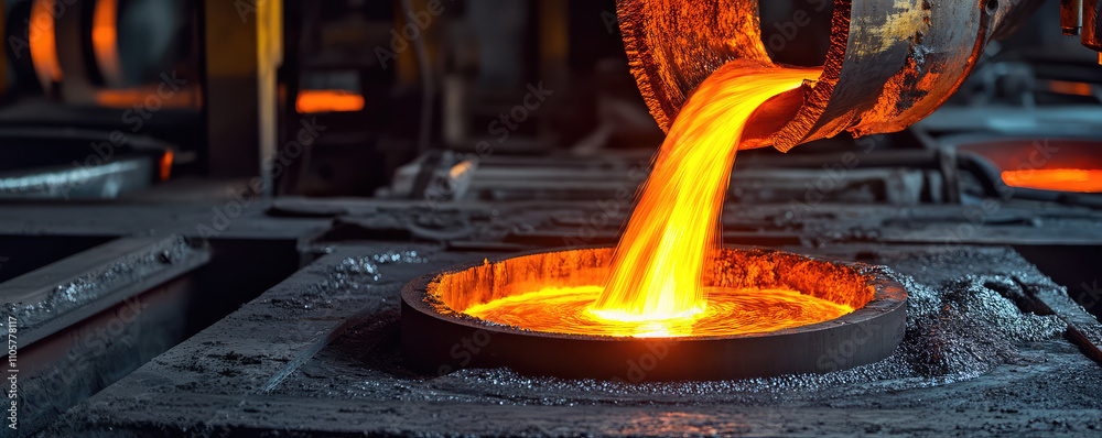 Close-up of a foundry, liquid red-hot metal is pouring out of a vat ...