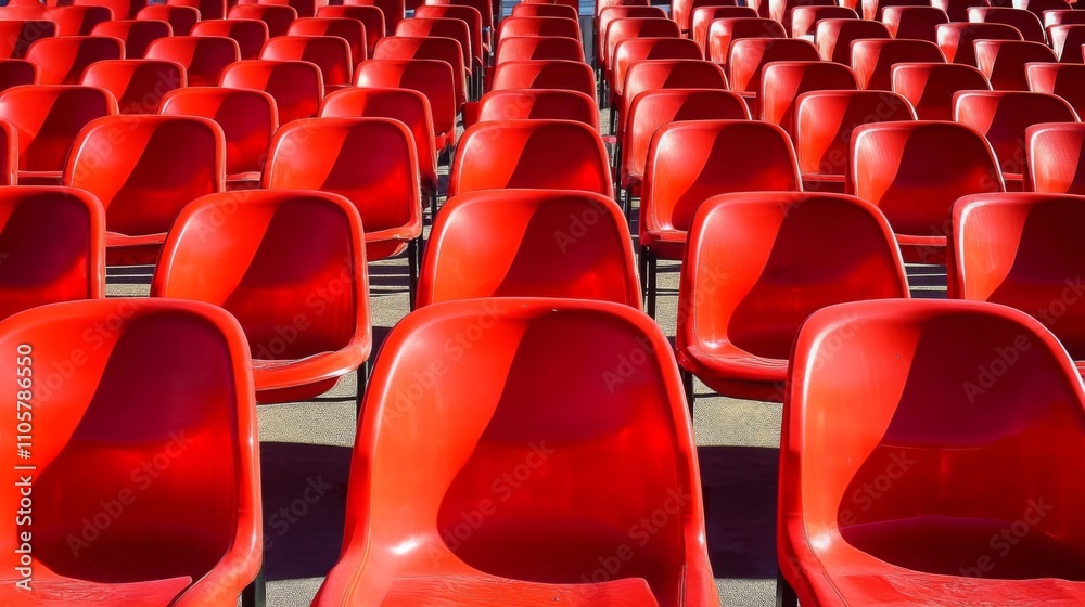 Red plastic grandstand seats in an open-air stadium under daylight ...