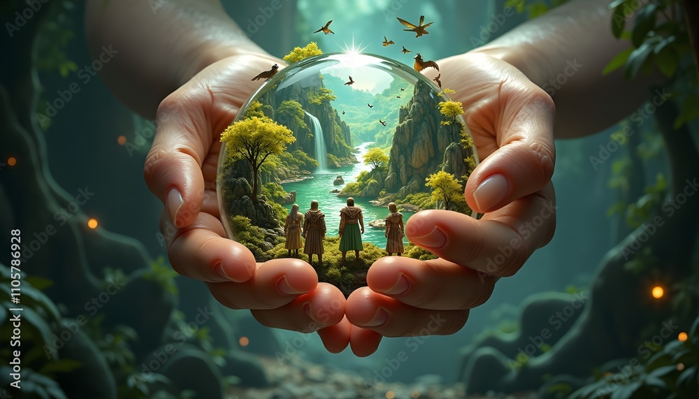 A close-up image of the celestial hands gracefully holding the orb ...