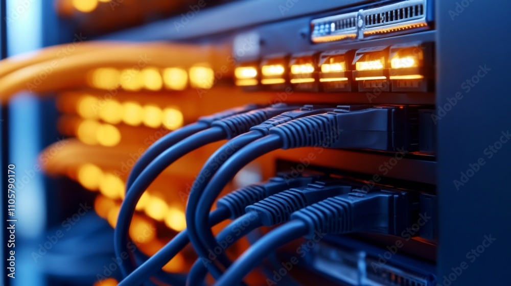 Data Center Infrastructure: Network Switch and Ethernet Cable in Rack ...