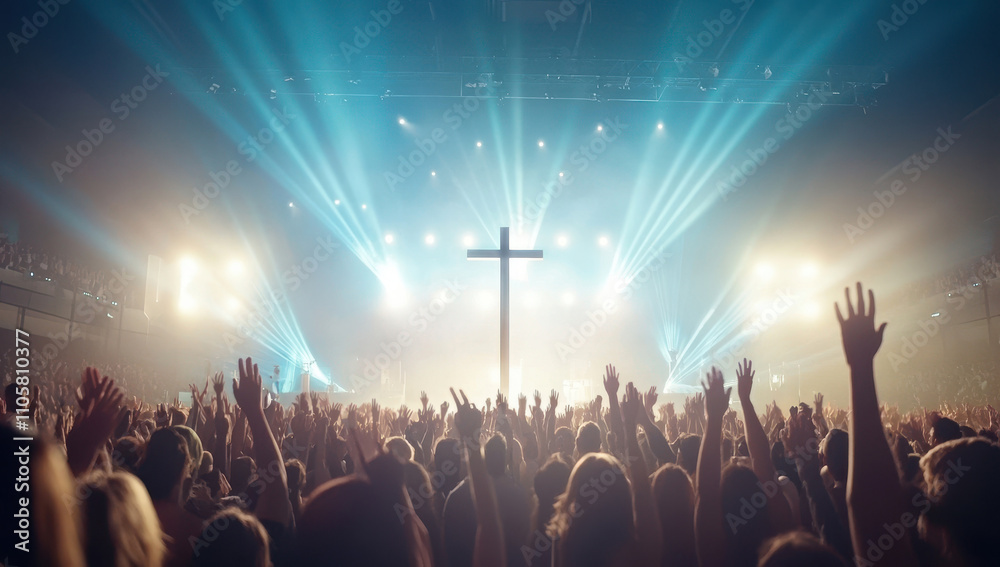 Large cross on illuminated stage with crowd in worship setting Stock ...