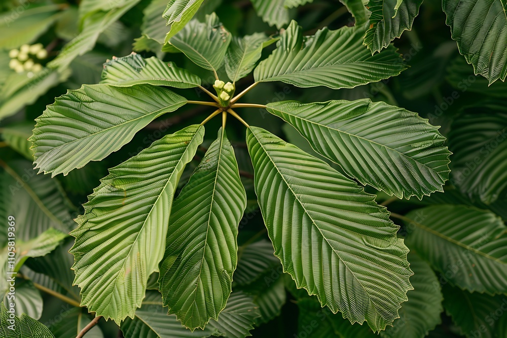 A detailed view of the broad, palmate leaves of a horse chestnut tree ...