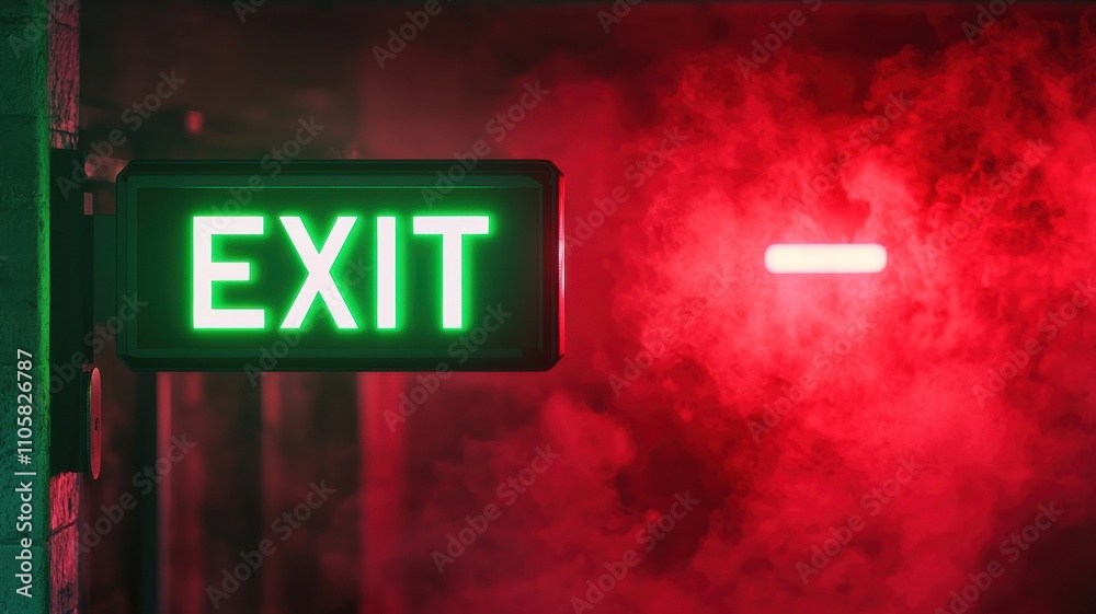 Fire alarm concept. Illuminated exit sign with green light, contrasting ...