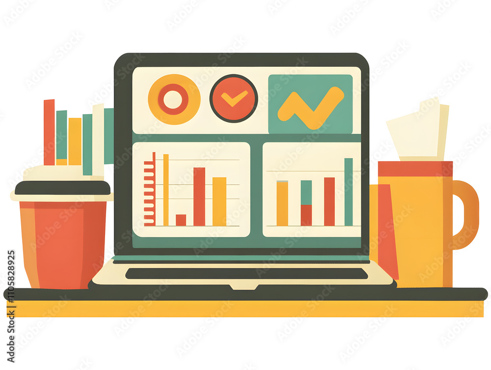 Data analysis dashboard office workspace digital visualization modern environment overhead view ...