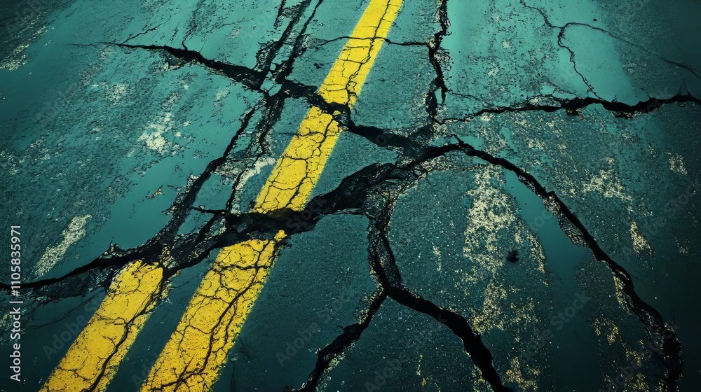 A worn and cracked asphalt road with faded lane markings, captured in ...