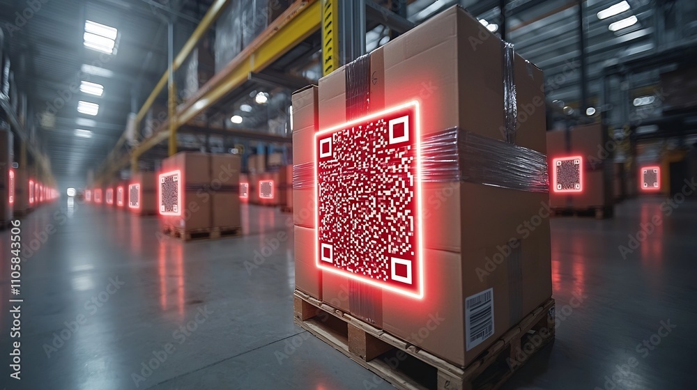 Modern Distribution Center with Parcel Boxes and Glowing QR Codes ...