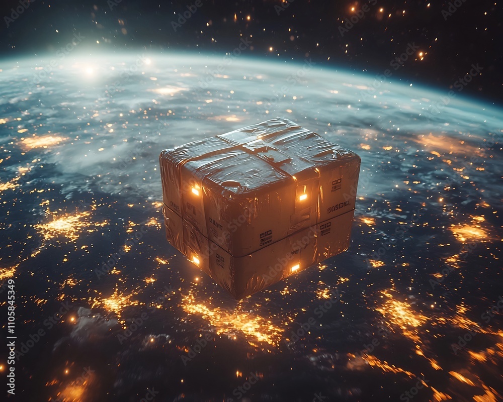 Futuristic Parcel Box Floating in Space Above Illuminated Earth ...