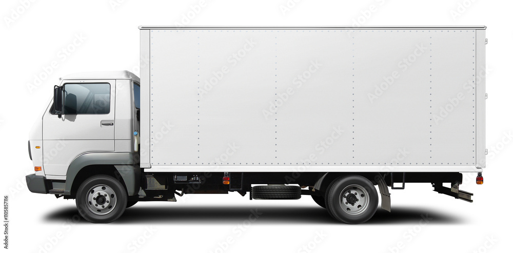 Classic all white European delivery truck. Side view isolated on white ...