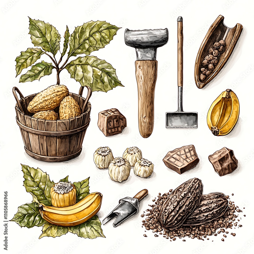Watercolor illustration of cocoa beans, tools, and chocolate, depicting ...