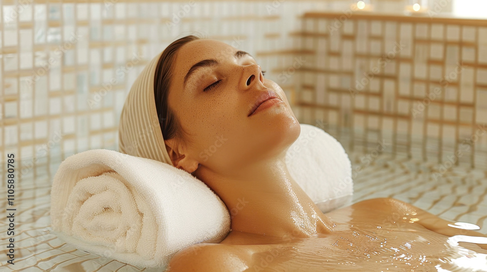 Woman relaxing in a spa bath with her head resting on a rolled towel ...